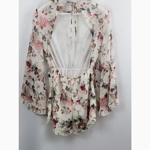 Pants & Jumpsuits | White Pink Floral Bell Sleeve Open Back Romper ...